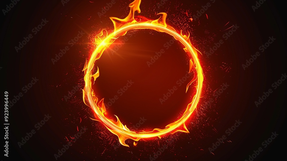 Fire ring frame or magic portal on black background. Realistic vector ...
