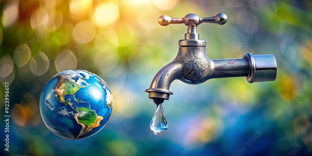 The Earth's Lifeline A Leaky Faucet and a Globe Against a Blurred Bokeh ...