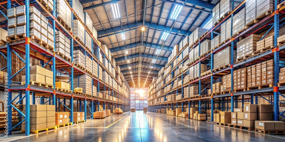 Warehouse Interior Rows of Cardboard Boxes on Shelves, Blue Metal ...