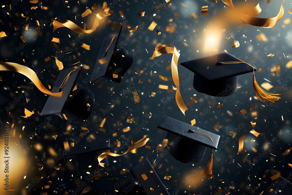 Flying awards confetti. Flying graduation caps with golden ribbons ...