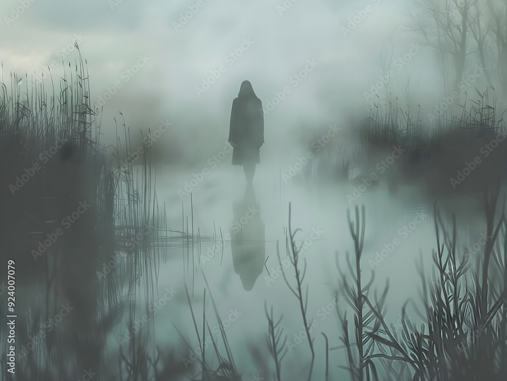 Ethereal specter glides through foggy wetlands in a haunting and ...