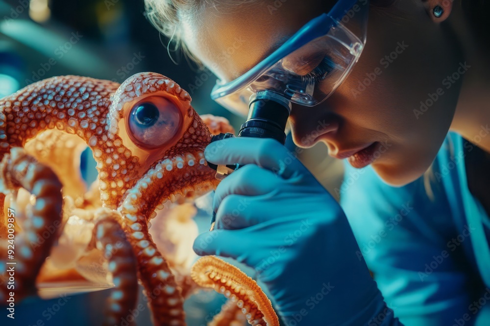 Marine biologist studying a rare deep-sea creature in a laboratory ...