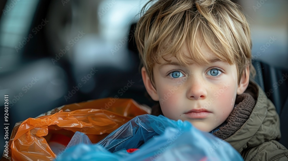 Child Feeling Unwell in a Car, Clutching a Paper Bag: A Heartfelt Image ...