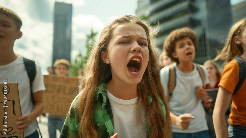 Protest against climate change, young people holding signs and shouting ...
