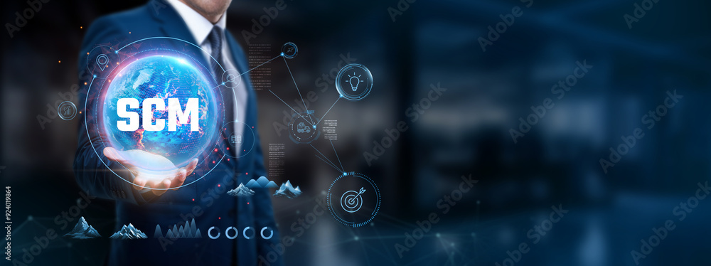 SCM (Supply Chain Management): Businessman holds global network ...