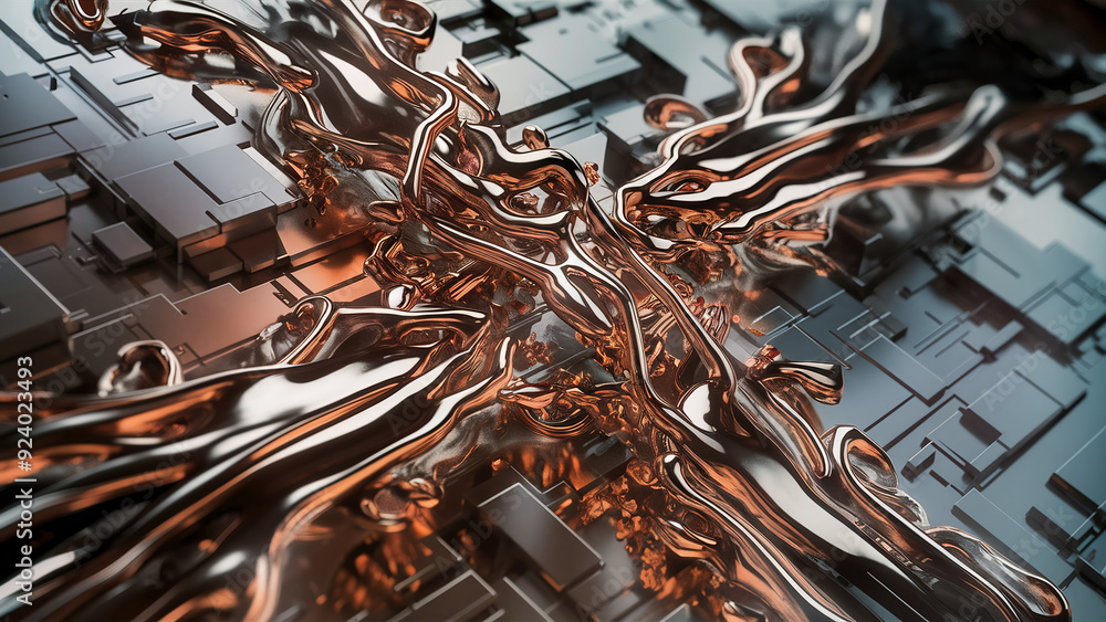 An intricate and futuristic illustration of liquid metal shapes ...