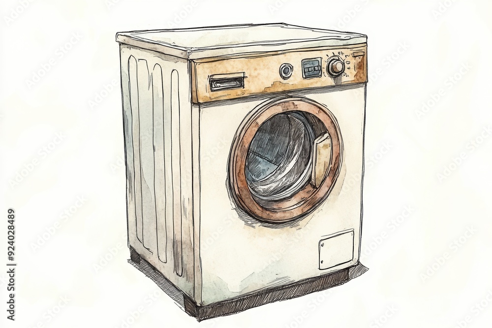 Hand-drawn sketch of an old-fashioned washing machine with detailed ...