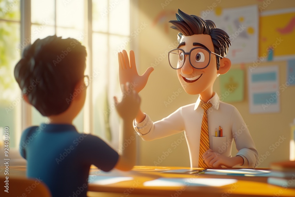A cheerful cartoon teacher is giving a happy student a high-five ...