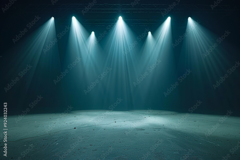 An empty stage with modern dance performance setup, illuminated by blue ...