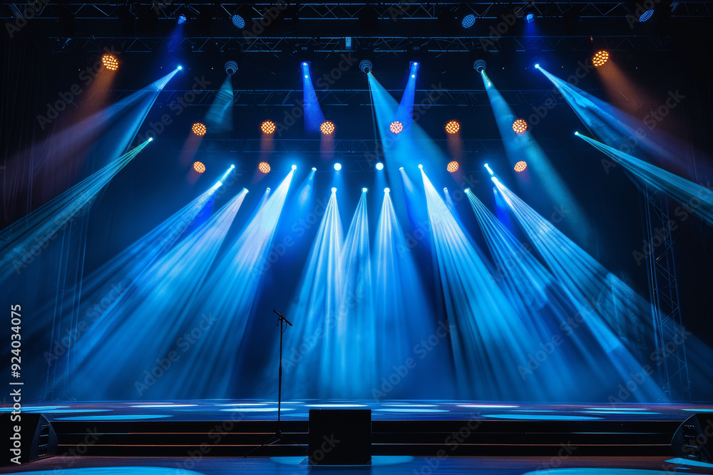 An empty stage with modern dance performance setup, illuminated by blue ...