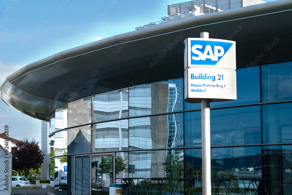 SAP SE logo prominently displayed on modern corporate facade, SAP ...