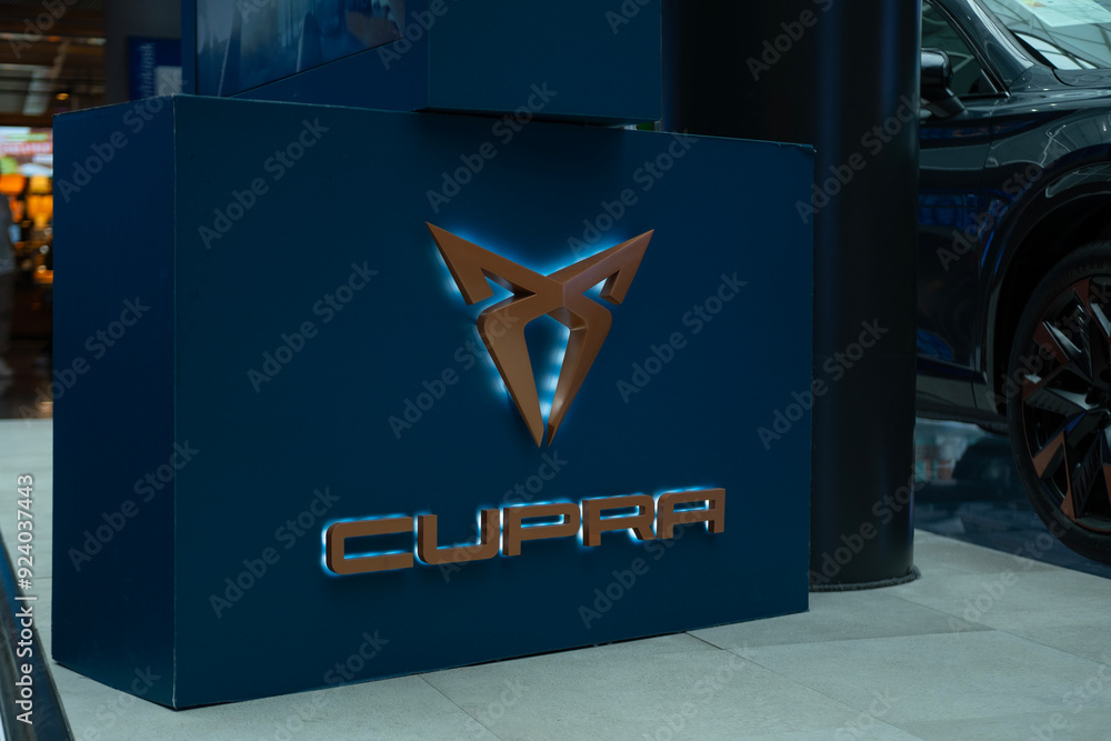 advertising logo CUPRA on blue banner, technology Spanish SEAT Cupra ...