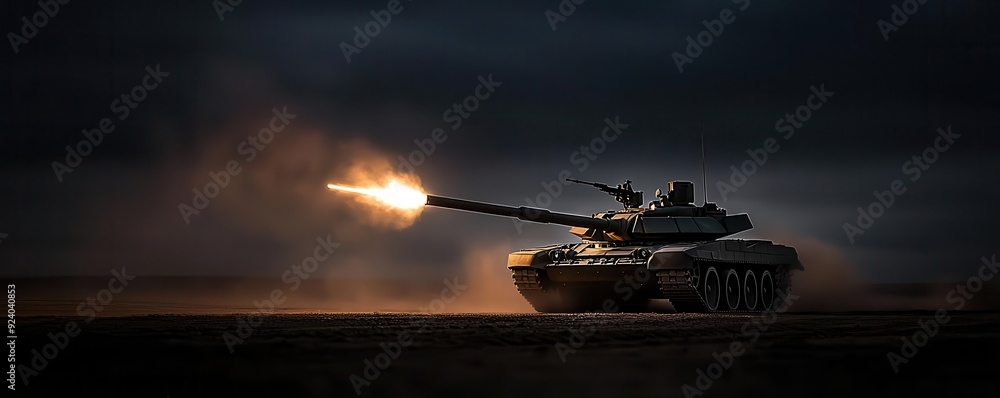 A tank firing at distant targets during a night operation, with the ...