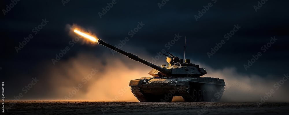 A tank firing at distant targets during a night operation, with the ...