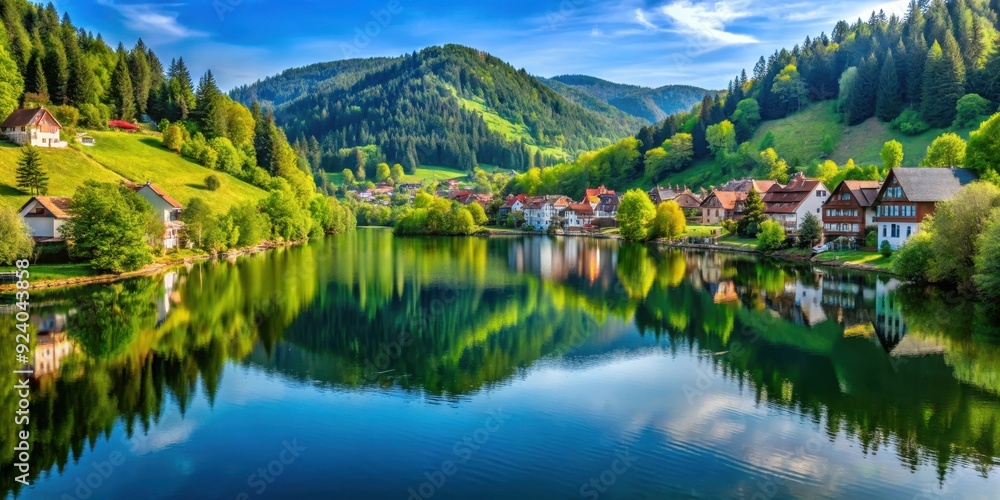 Beautiful lake in the Black Forest surrounded by lush greenery and ...