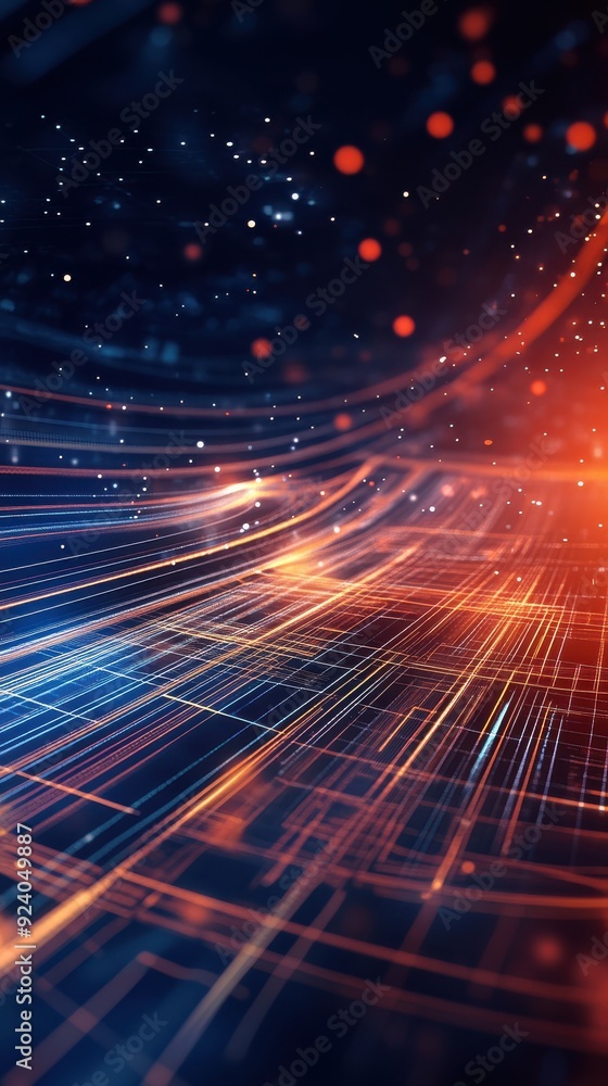 High-tech 3D loop with rotating digital grids and light flares ...