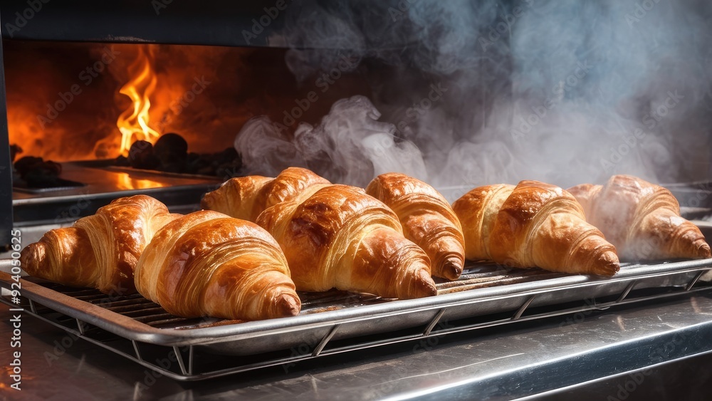 Perfectly baked croissants, straight from the oven, with steam wafting ...