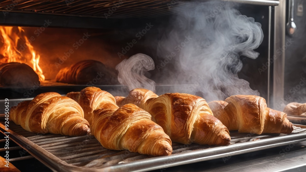 Perfectly baked croissants, straight from the oven, with steam wafting ...