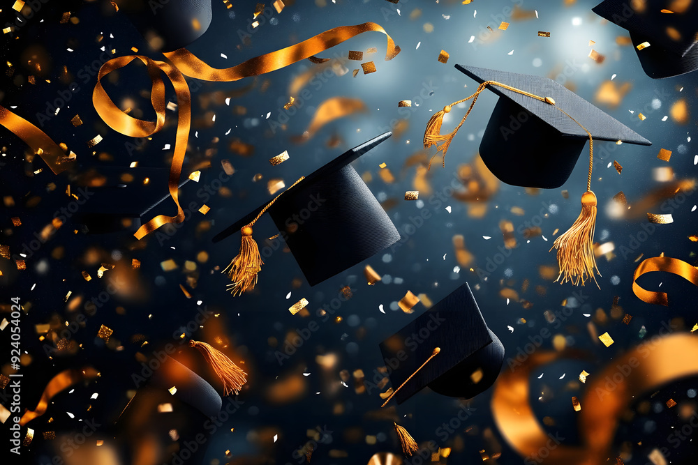 Flying awards confetti. Flying graduation caps with golden ribbons ...