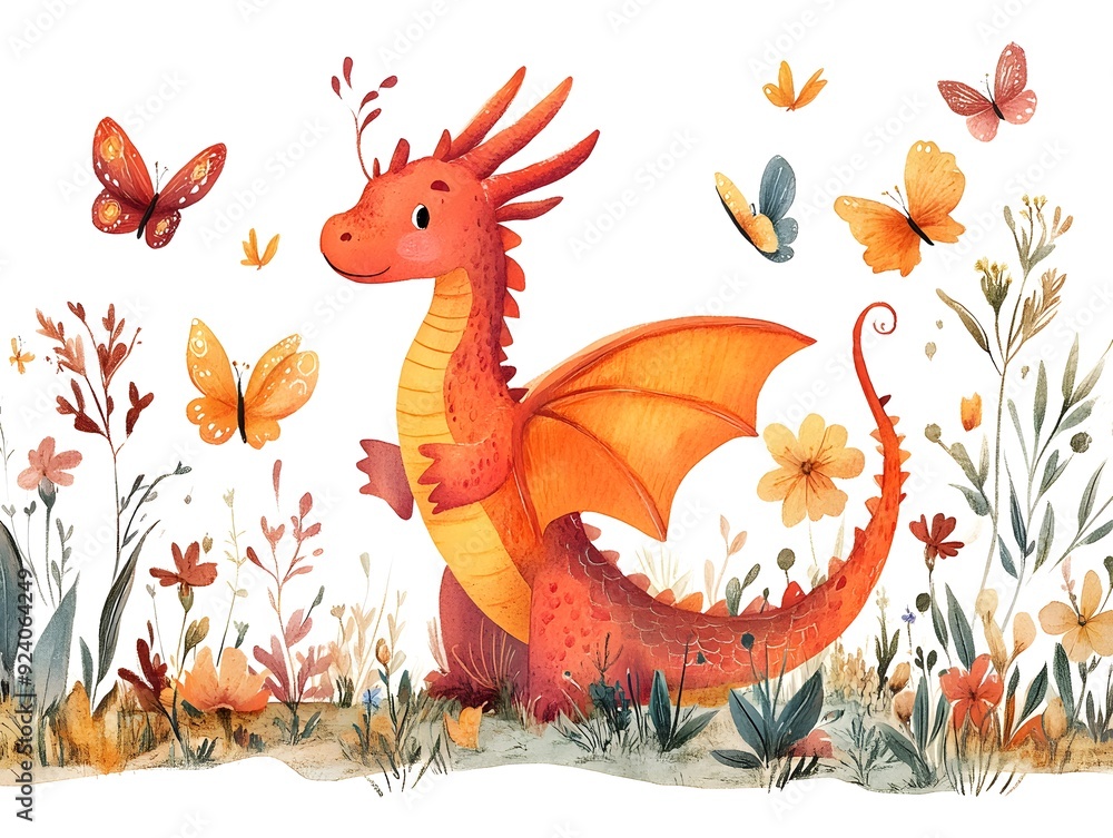 Cute watercolor illustration of a red dragon with wings in a field of ...