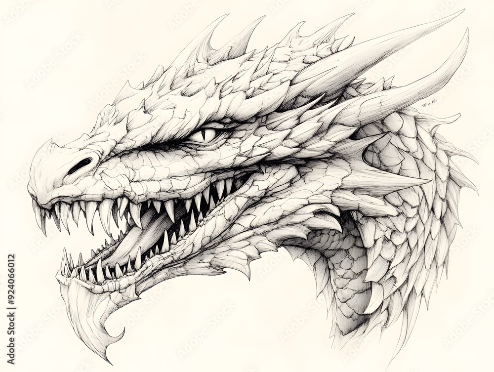 Detailed pen and ink drawing of a dragon's head with open mouth and ...