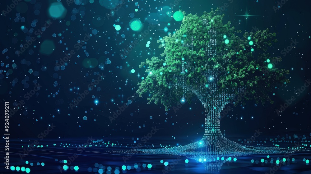 Digital tree with sprouts and binary code in glowing futuristic polygonal style. Poster for an ...
