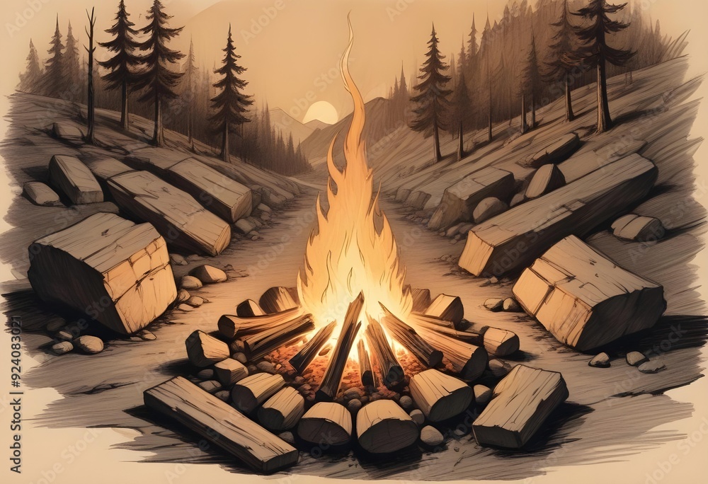 sepia sketch lines, A campfire located among uneven dark rocks and ...