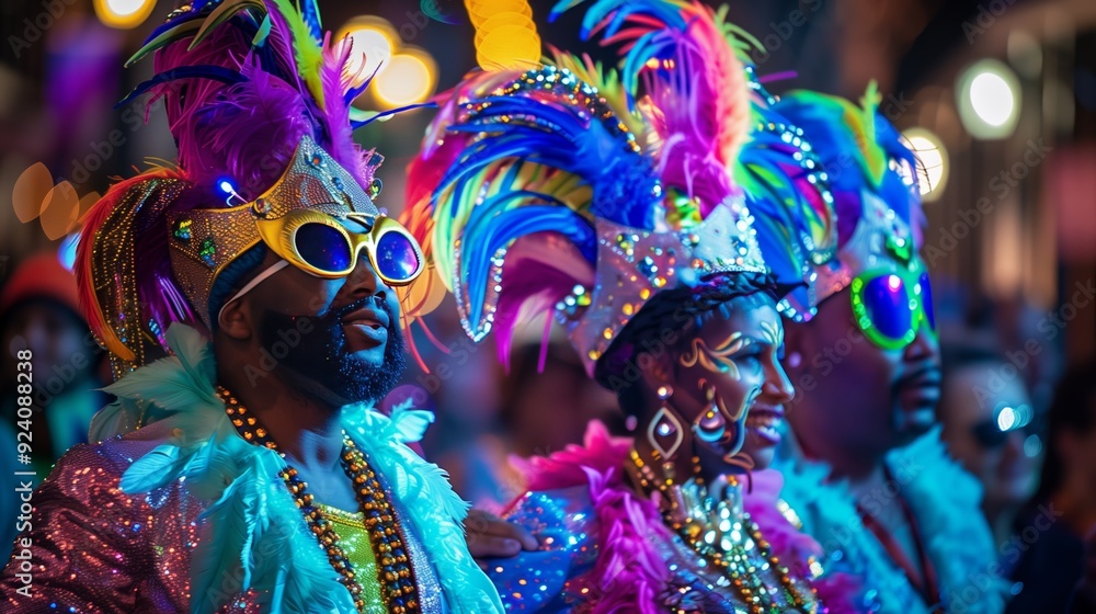 Mardi Gras revelers in vibrant costumes dance through lively New ...