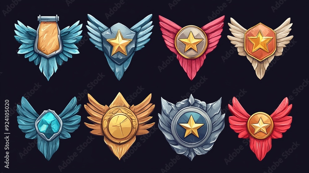 Star-insignia military game ranking badge set. Award medals with ...
