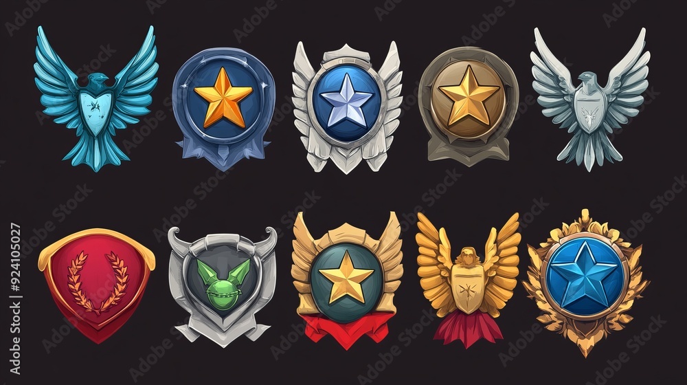 Star-insignia military game ranking badge set. Award medals with ...