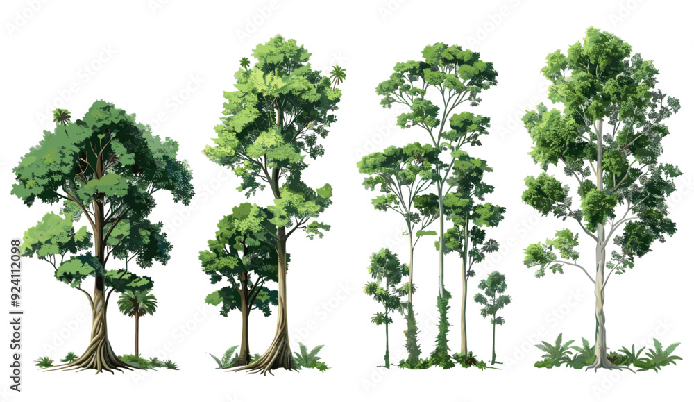 vector illustration tall trees jungle collections, Forested trees set ...