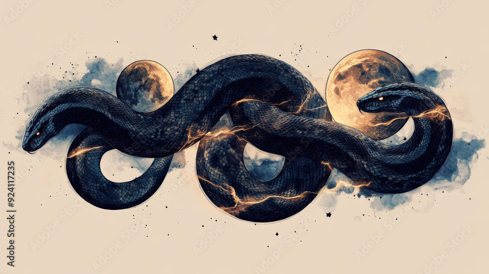 abstract depiction of a snake intertwined with the phases of the moon ...