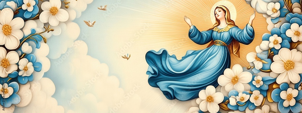 Vintage postcard of the Assumption of Mary, pastel colors and hand ...