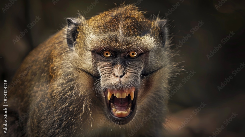 A monkey with its mouth open and teeth bared. The monkey appears to be ...