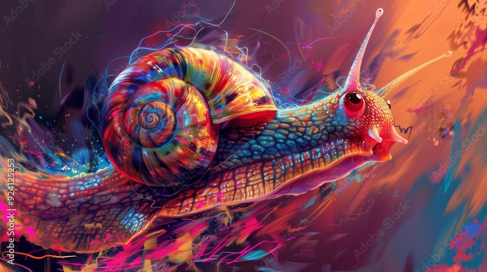 A colorful snail is shown in a painting. The snail is surrounded by a ...