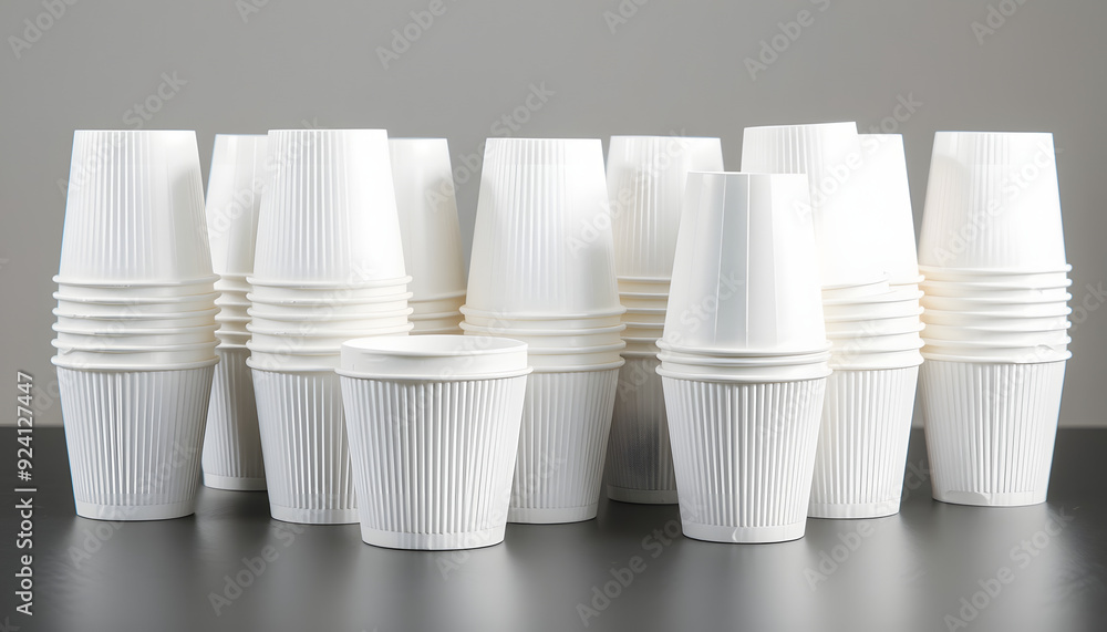 A stack of white paper cups are on a table. The cups are all the same ...