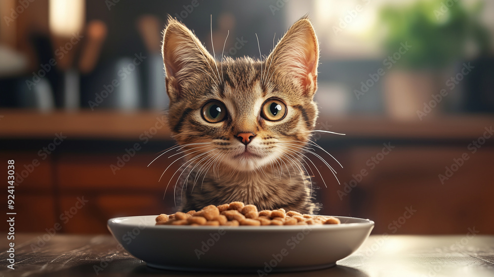 cute cat in the kitchen; full bowl of dry cat food on a plate standing ...