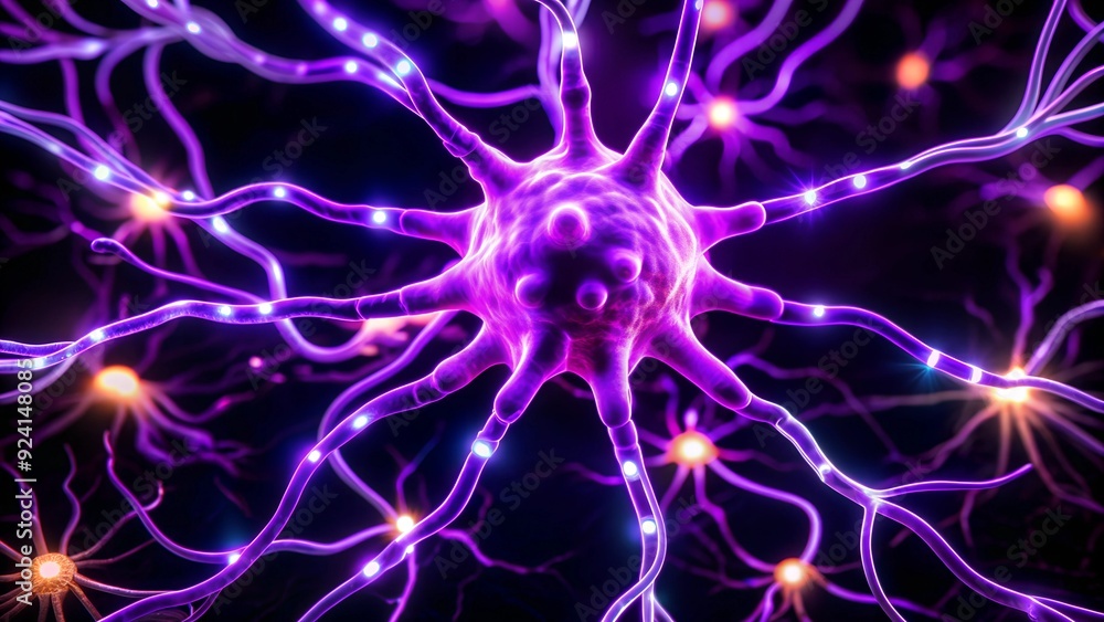 Depiction of a nerve cell or neuron with branching dendrites and the ...