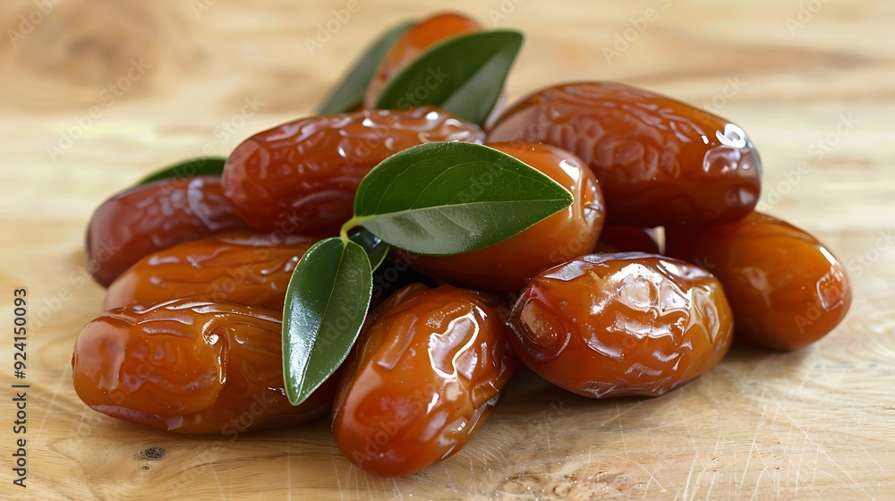 A handful of fresh dates both whole and pitted displayed on a light ...