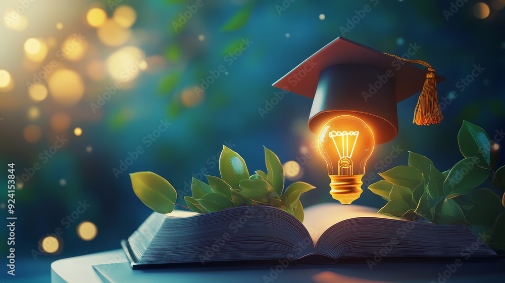 A graduation cap sits atop a book with a lightbulb icon, symbolizing ...