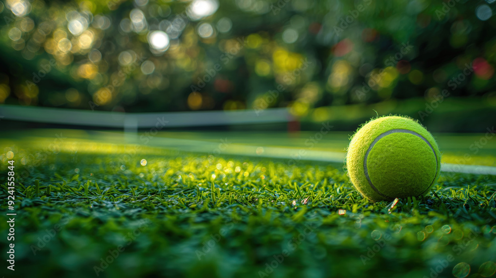 Sports background image for tennis. Outside closeup with ball and grass ...
