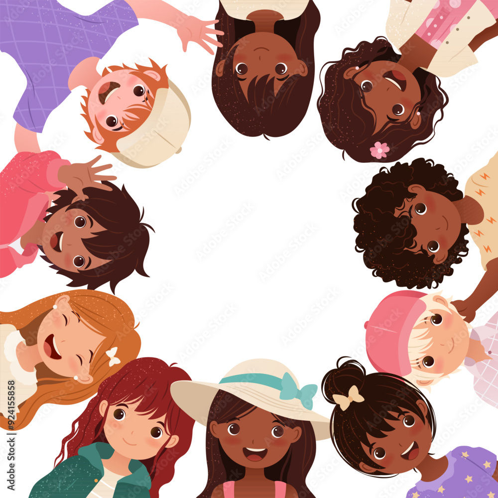 Banner with Multiracial Cartoon Kids. Square template with empty space ...