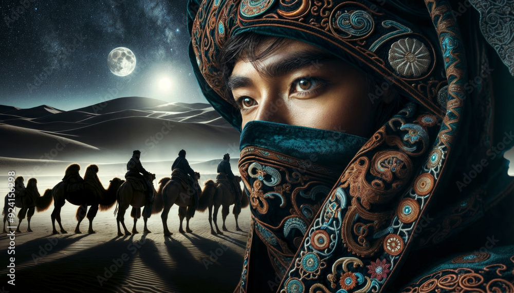 Mongolian nomad camel scene in Gobi Desert at night, close-up ...