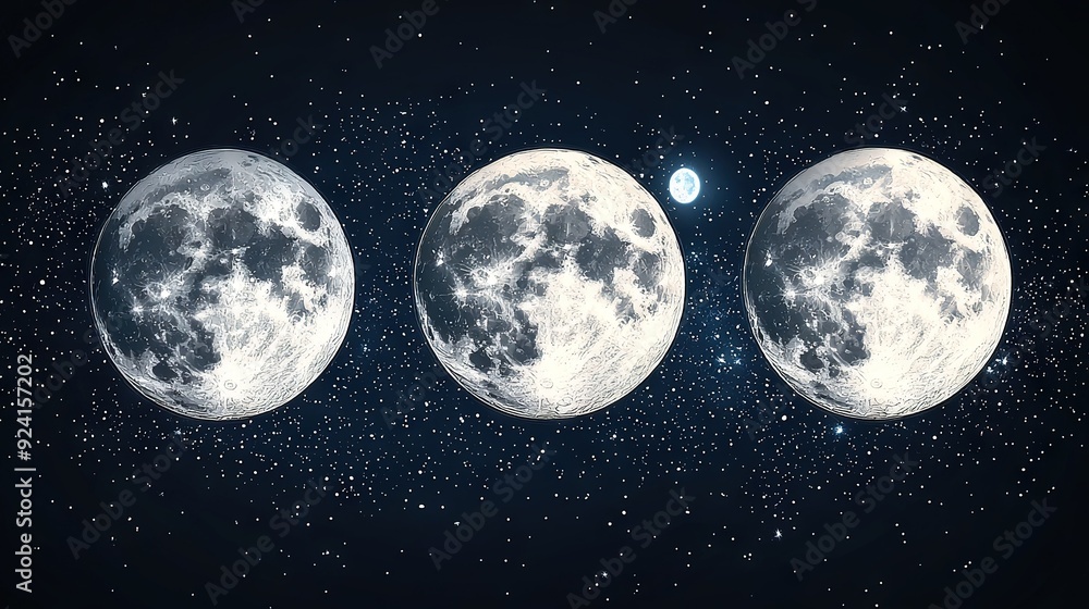 Three phases of the moon in the night sky surrounded by stars, with a ...