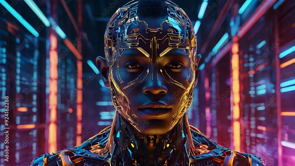 Cyborg on a purple blue theme, half human half robot model with neon ...