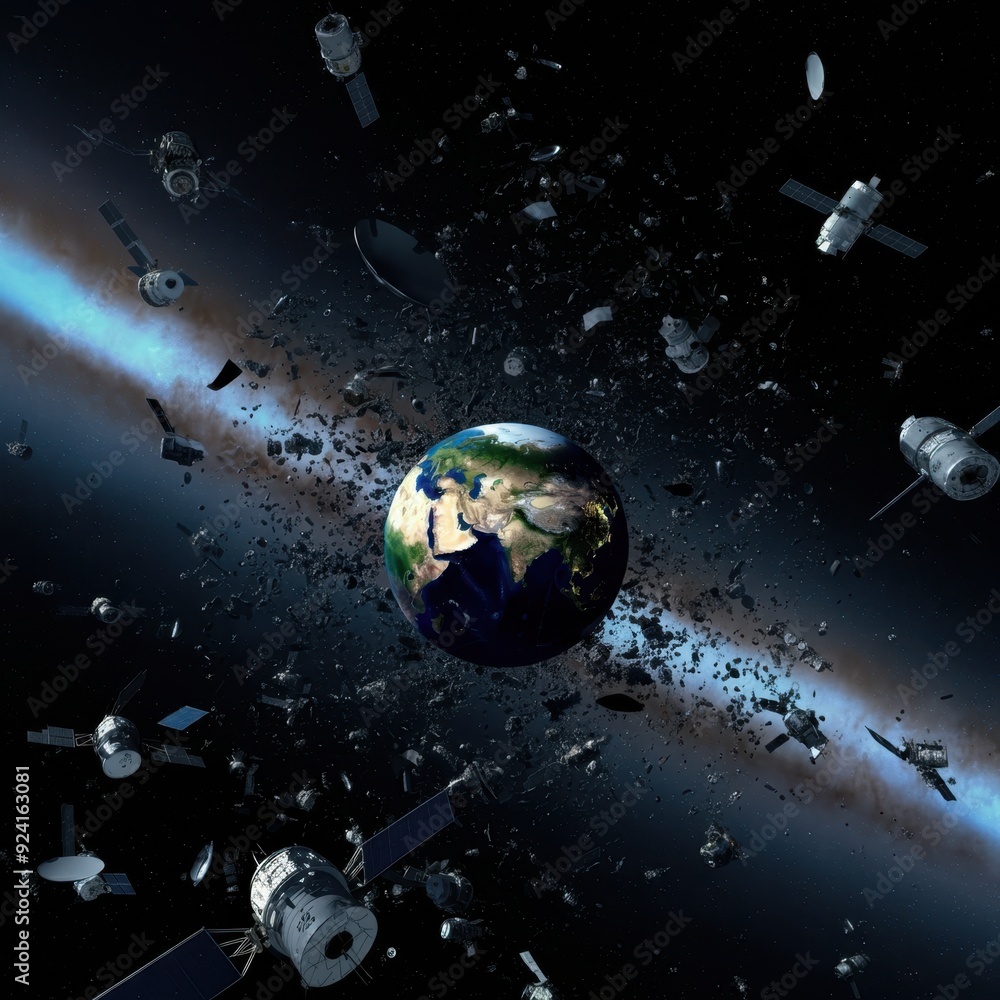 3D illustration of a cluster of space debris, junk and satellites ...