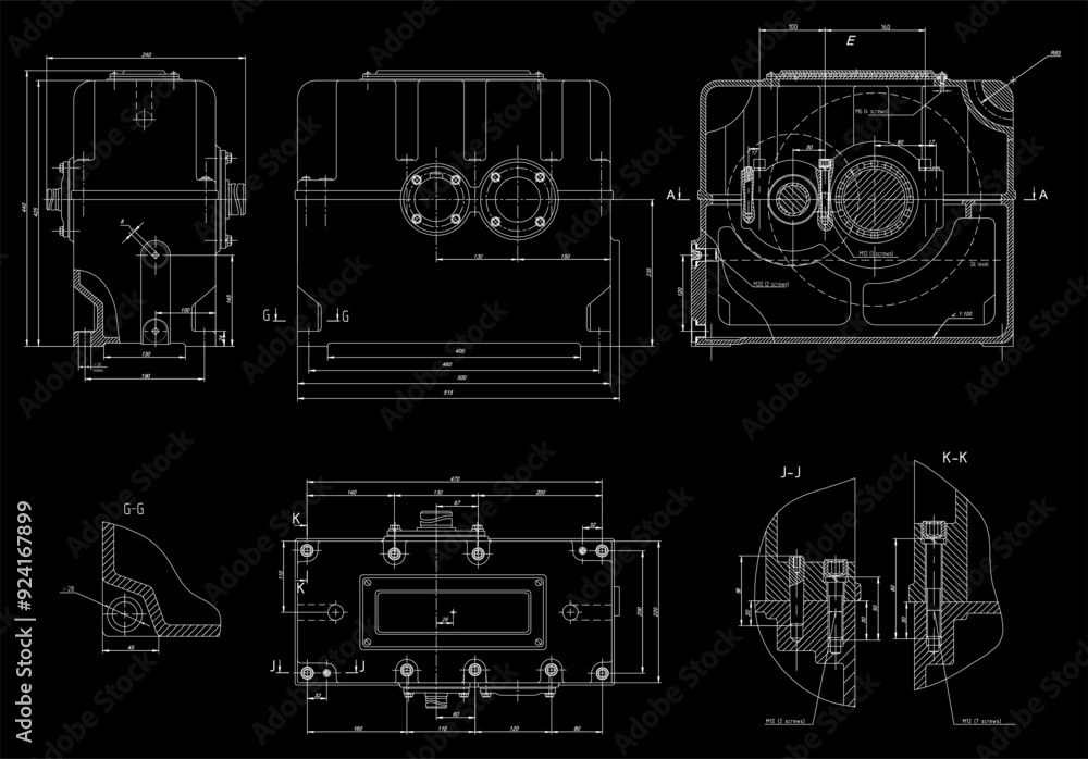 Assembly drawing of reducer. Vector drawing of steel mechanical device ...