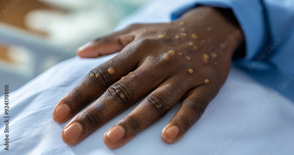 Close up of a black persons hand showing symptoms of monkeypox disease ...