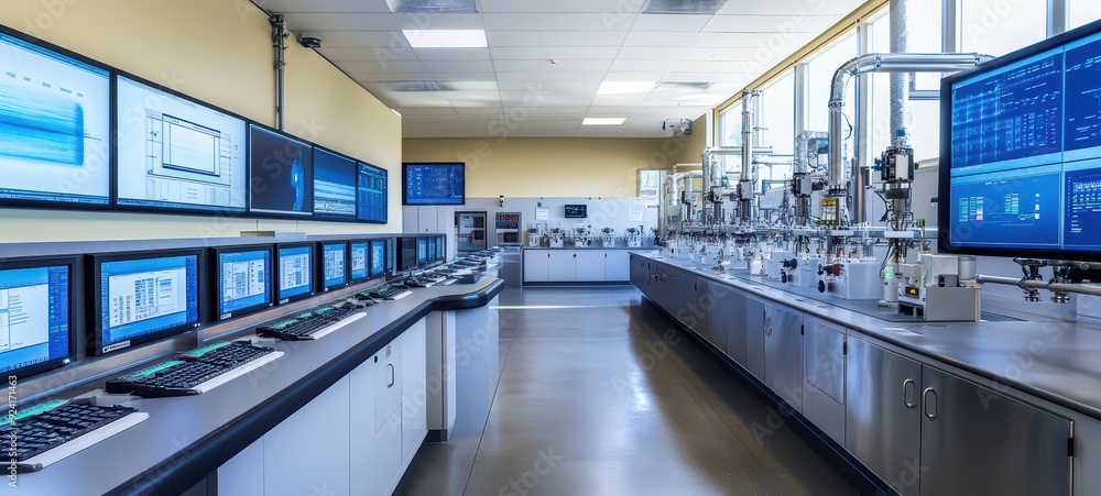 Water treatment facility's control room, featuring rows of monitors and ...