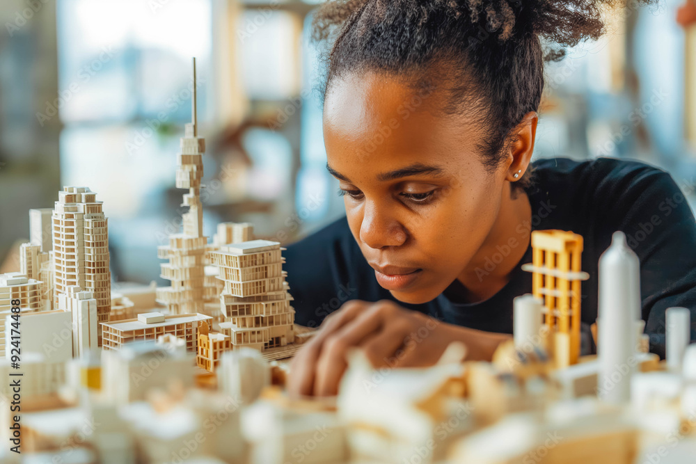 An architect, a Black woman with a focused gaze, creates a miniature ...